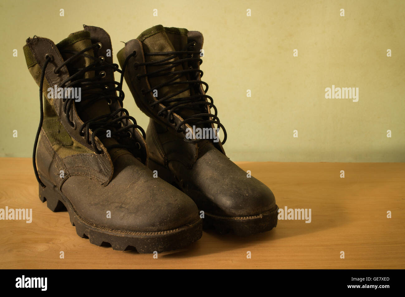 Old jungle boot still life on wood background Stock Photo - Alamy
