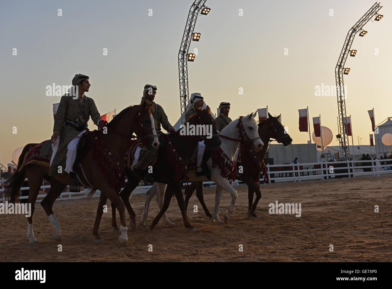 Qatari men riding horses in Dar Alsaaii at sunset Stock Photo - Alamy