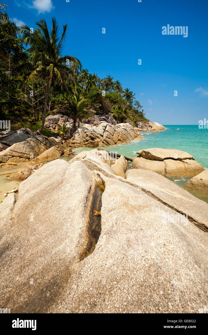 Summer seascape on tropical island Koh Phangan in Thailand. Bottle ...