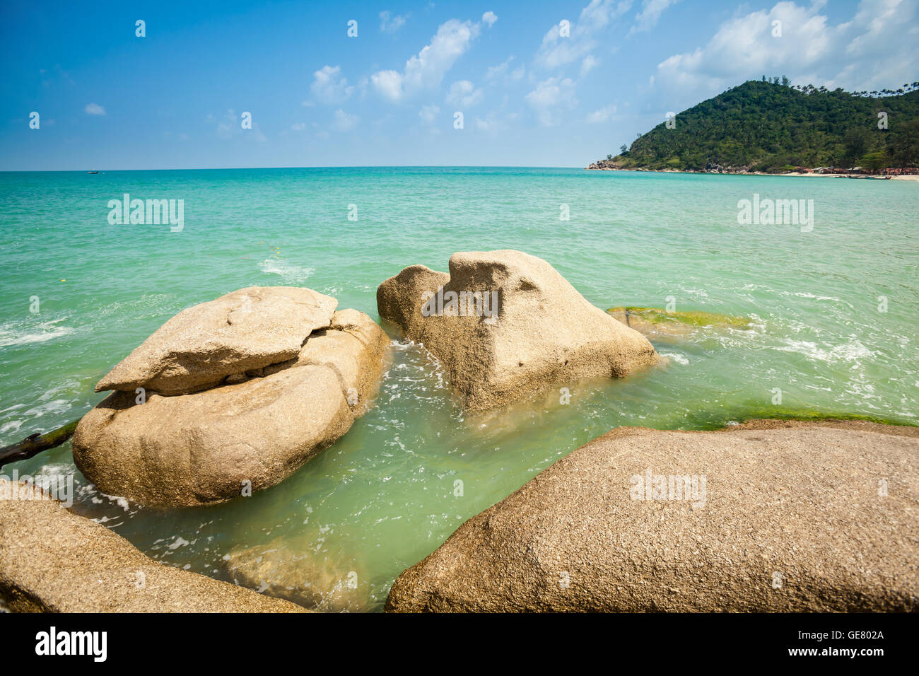 Summer seascape on tropical island Koh Phangan in Thailand. Bottle ...