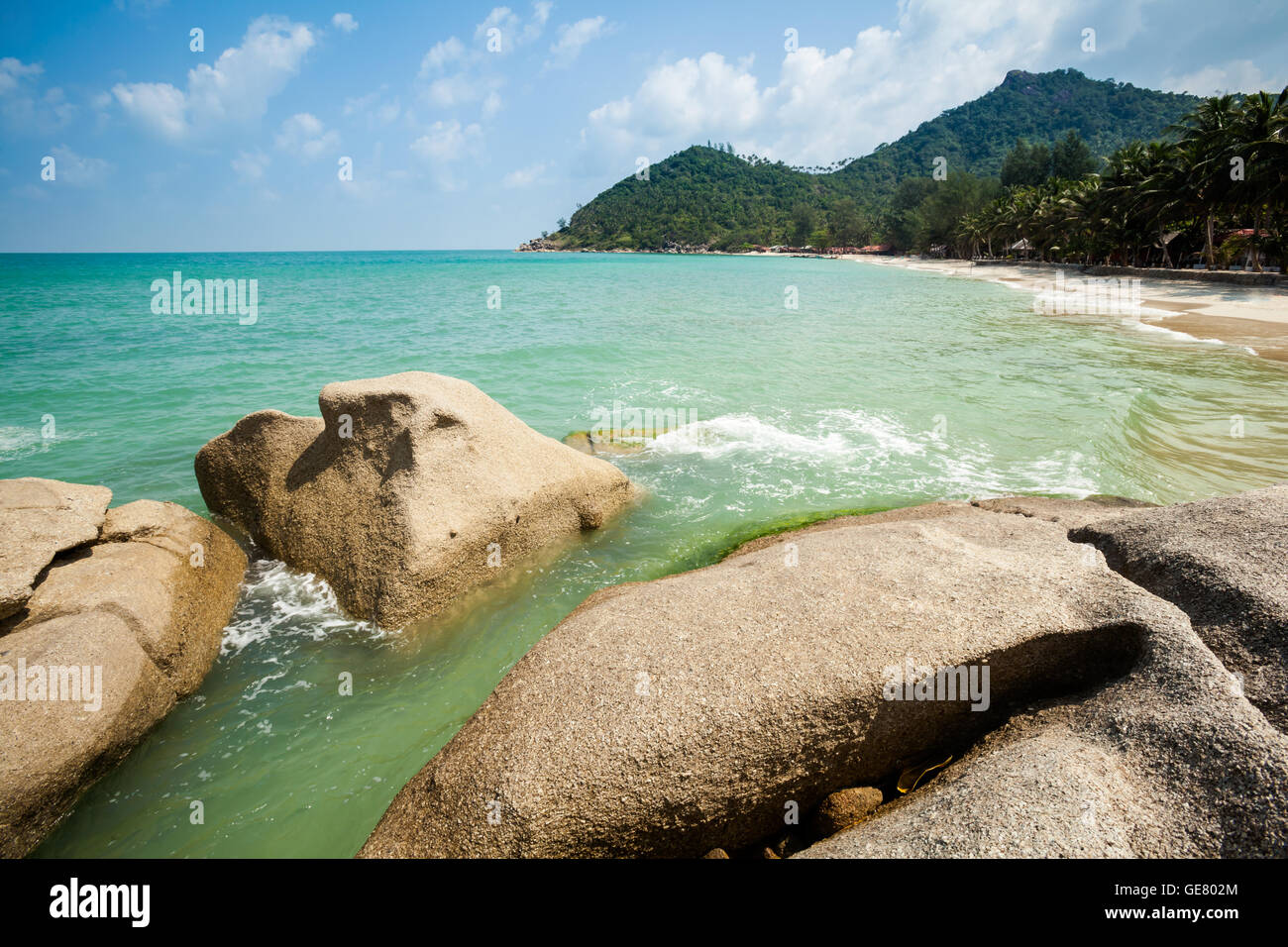 Summer seascape on tropical island Koh Phangan in Thailand. Bottle ...