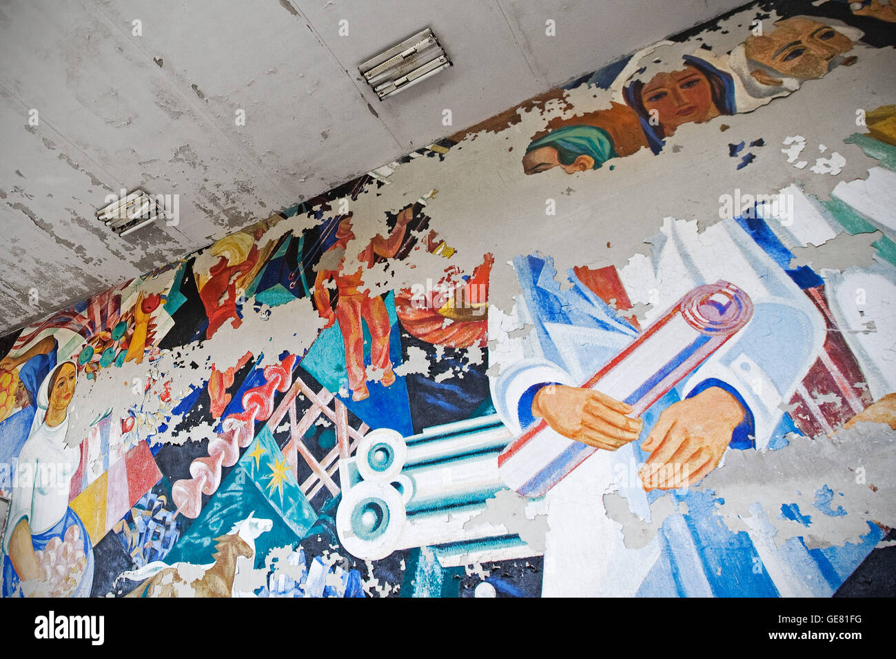 Painted Soviet wall murals inside the Palace of Culture in the ...