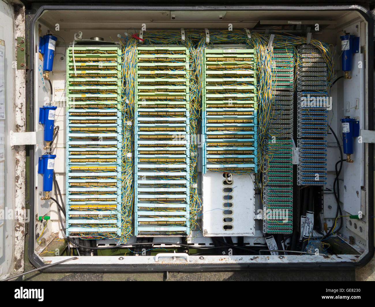 Telecommunication wires inside street phone junction box, England Stock ...