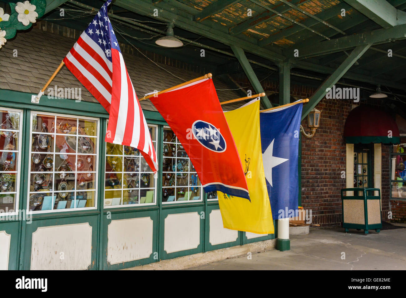 A display of colorful flags outside of the Depot gift shop on the ...