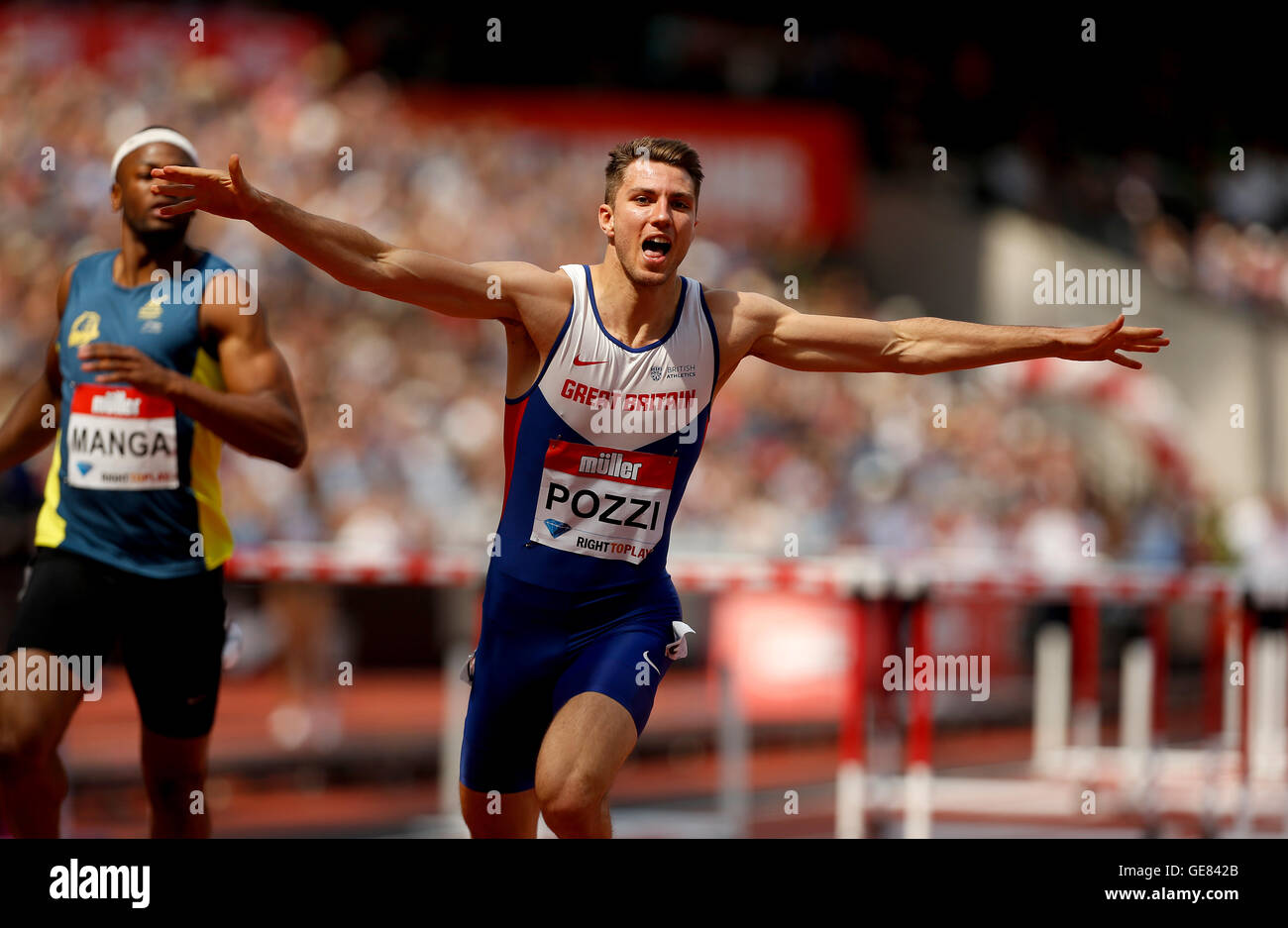 Great Britain's Andrew Pozzi wins heat one in the 110m hurdles during ...