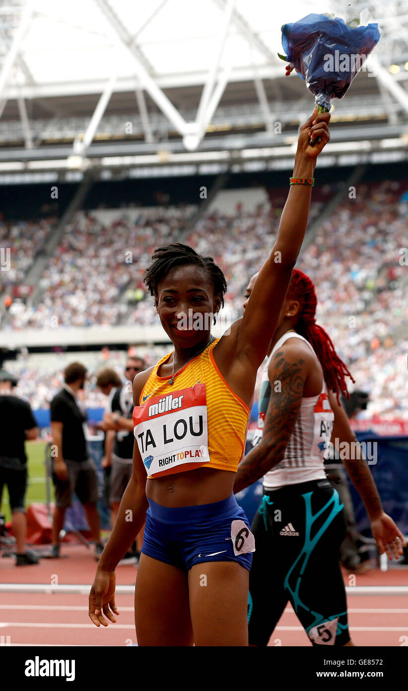 Ivory Coast's Marie-Josee Ta Lou celebrates after winning the Women's ...
