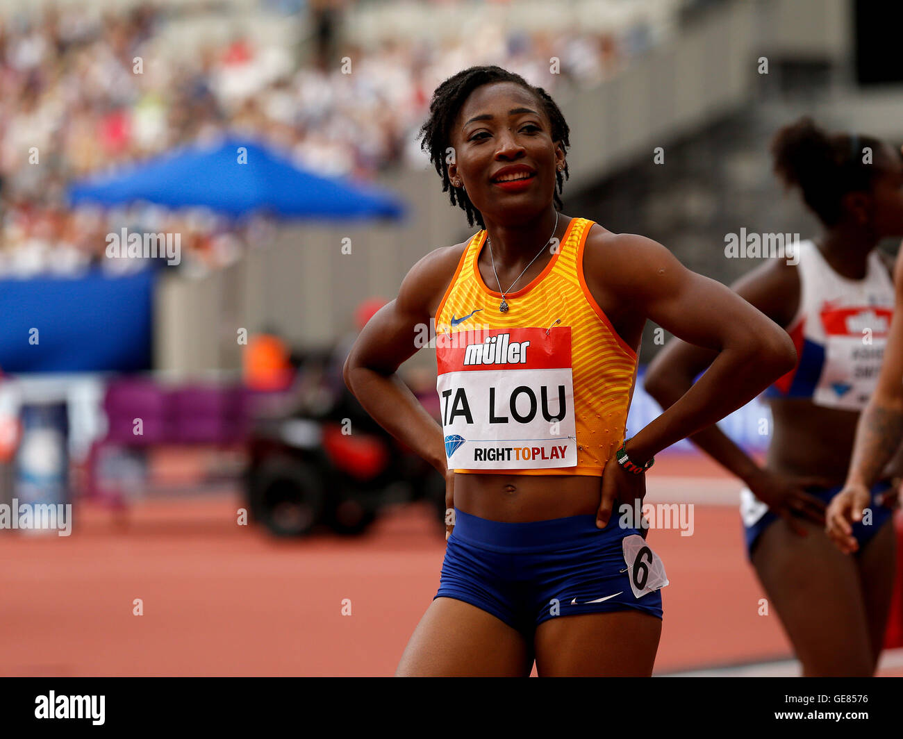 Ivory Coast's Marie-Josee Ta Lou celebrates after winning the Women's ...