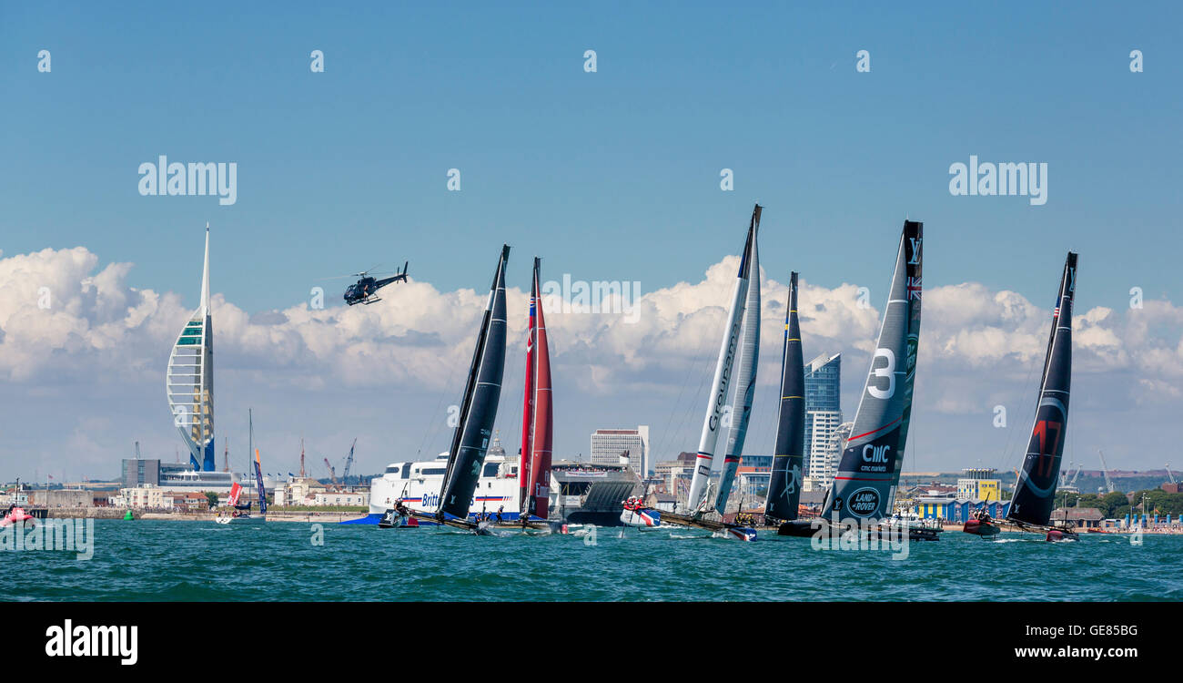 The fleet line up for the start of race three on day three of the ...