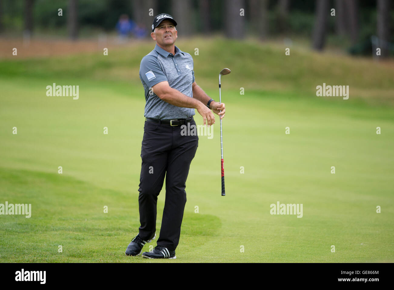 USA's Tom Byrum plays his approach to the 9th hole during day three of ...