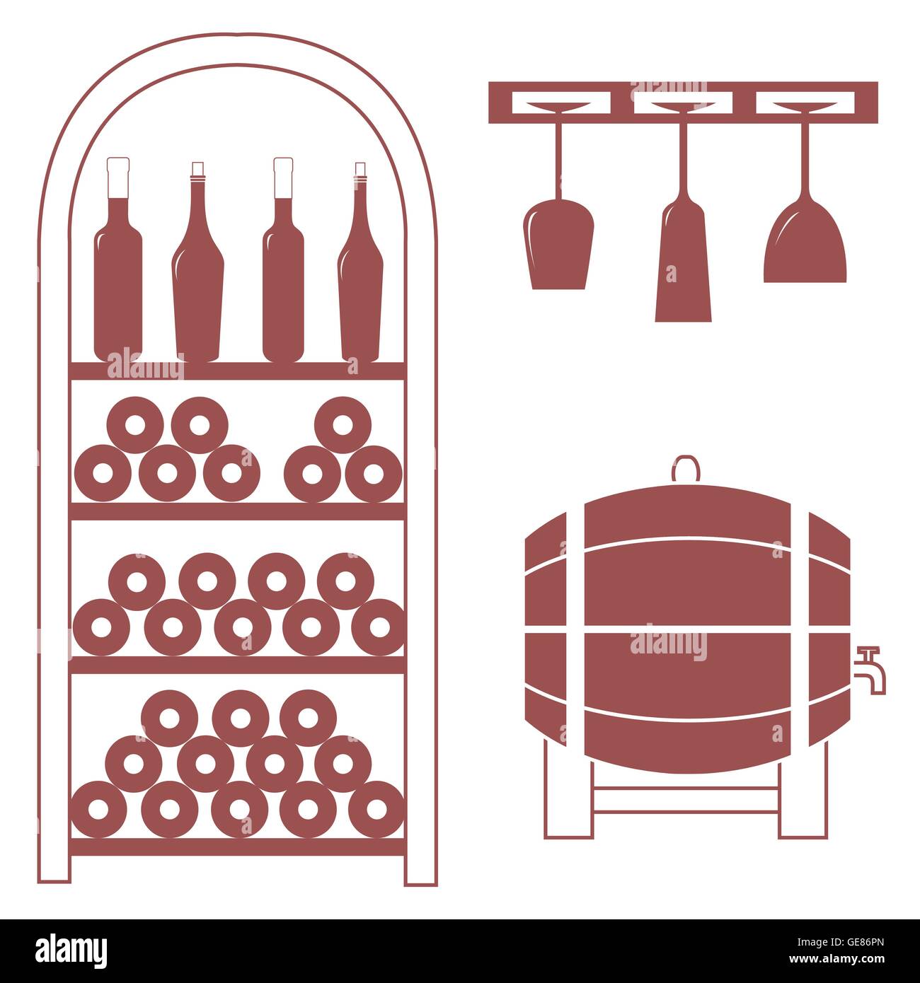 Stylized icon of a colored wine rack, bottles of wine, wine glasses and ...