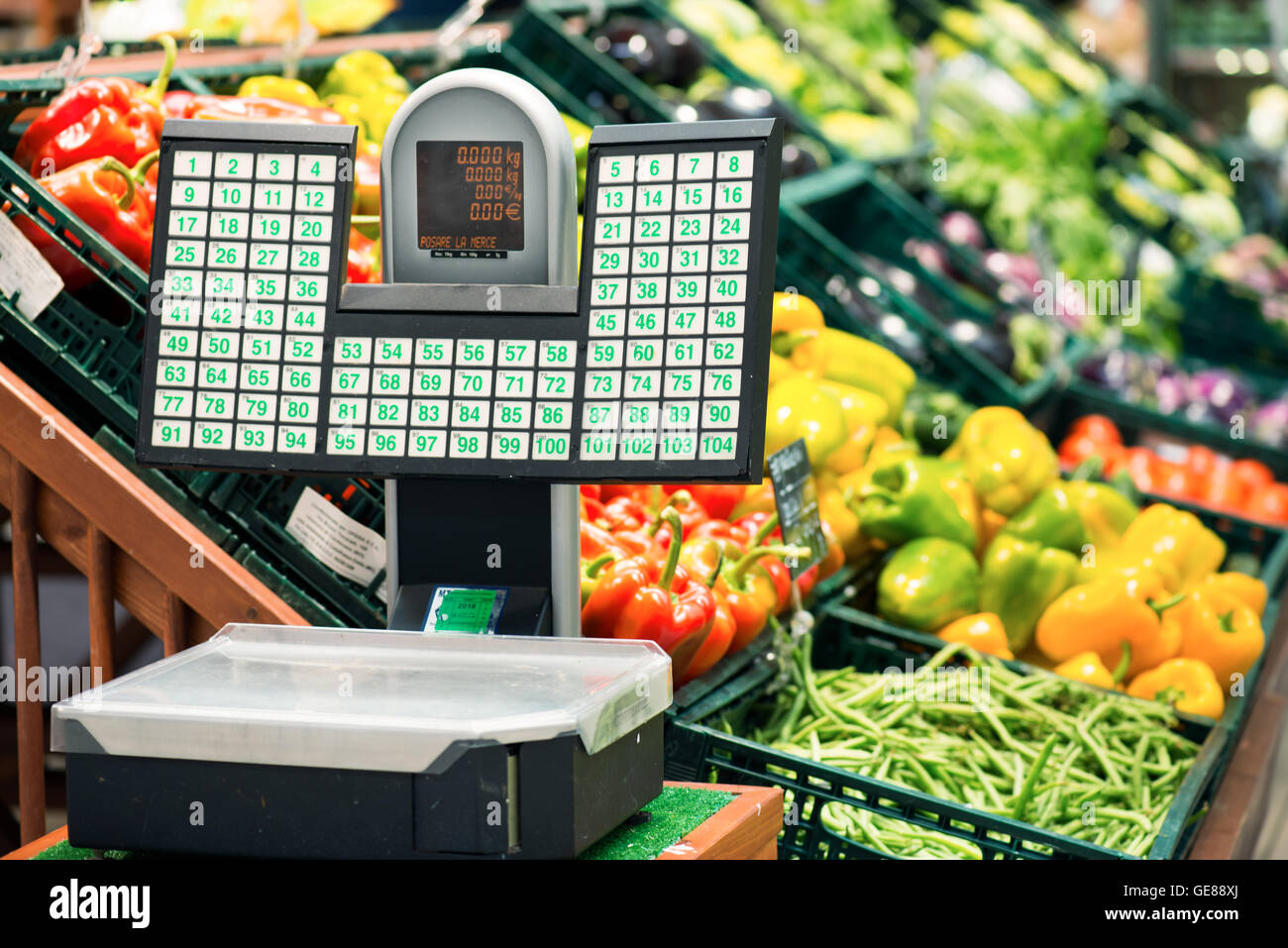 weight scale for fruits and vegetables in the supermarket Stock Photo ...