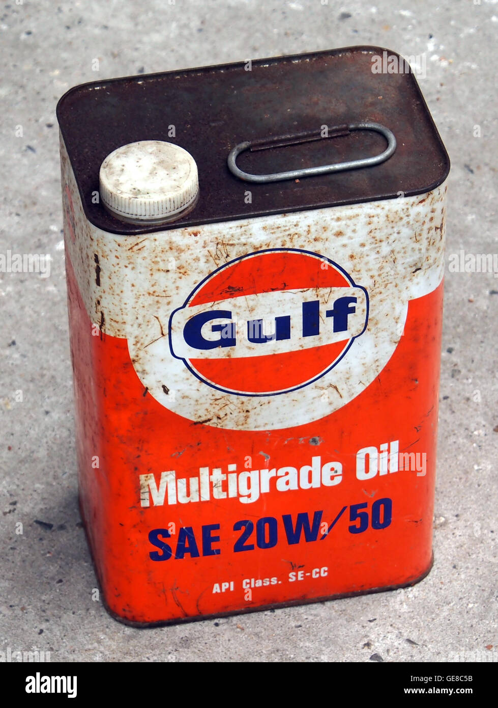A photograph of a Gulf multigrade oil SAE 20W50 tin displayed at the ...