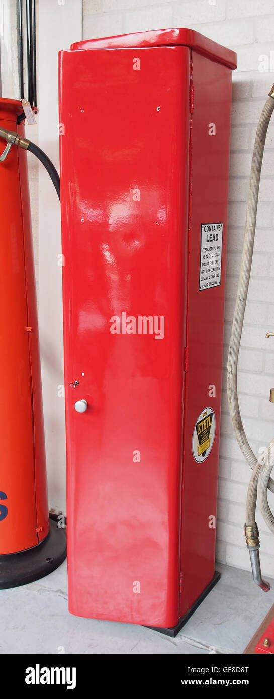 The image shows an old Ethyl benzine pump, used for dispensing fuel in ...