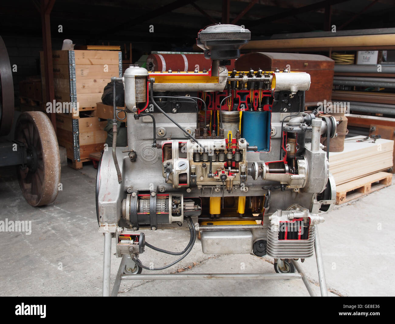 A detailed image of the Saurer Suisse openwork engine, displayed at the ...