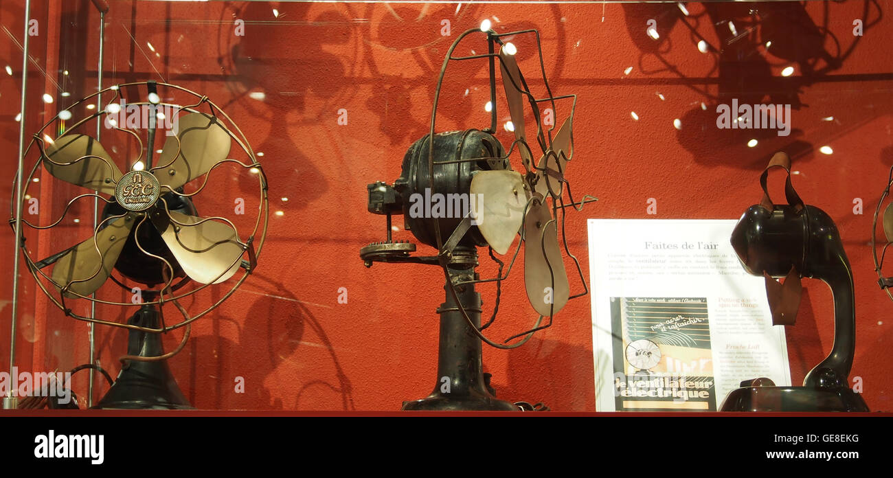 A photograph of electric fans displayed at the EDF Electropolis Museum ...