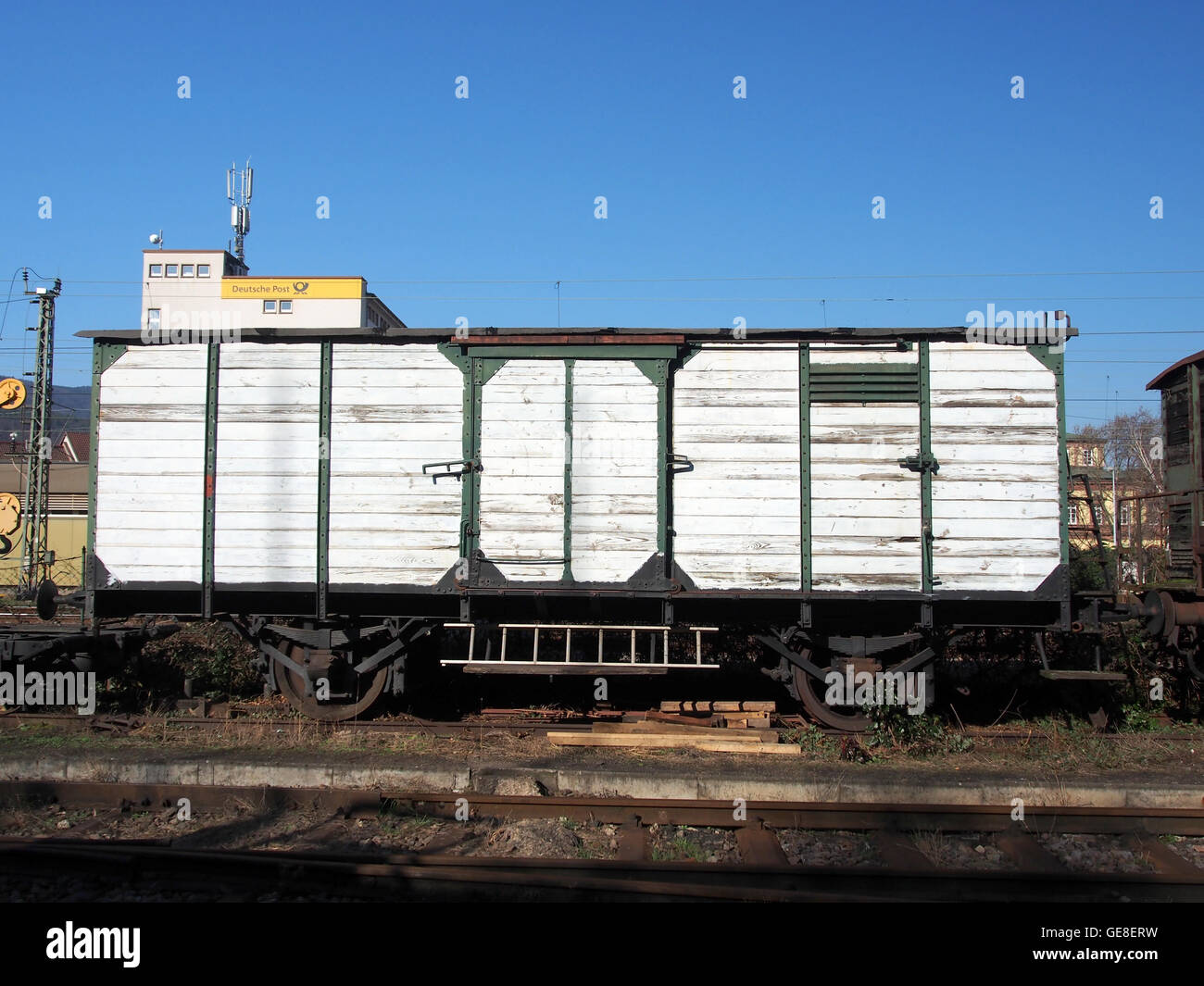 This image features a historical wagon on display at the Pfalzbahn ...