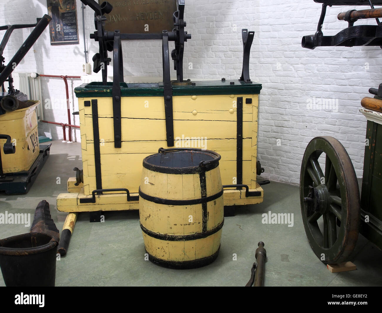 This image shows a very old fire extinguishing installation, a piece of ...