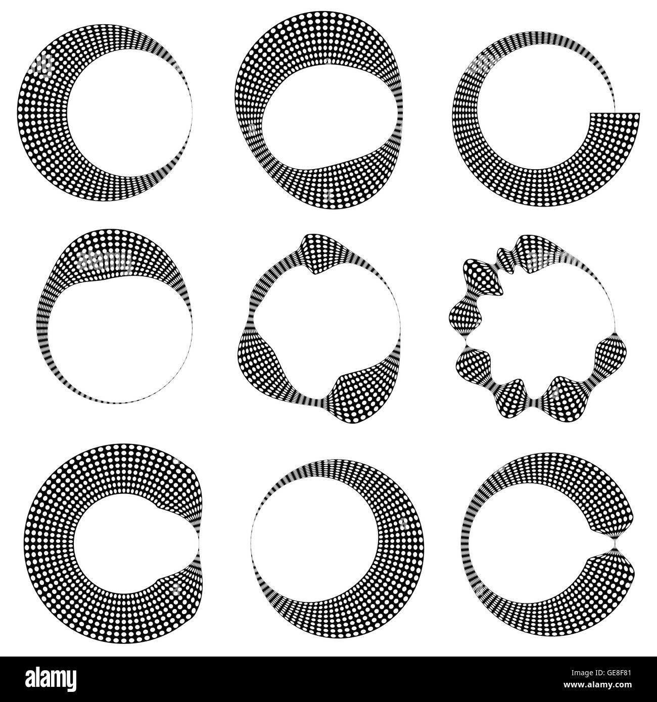 Geometric circular dotted elements with distortion. 9 different shape ...