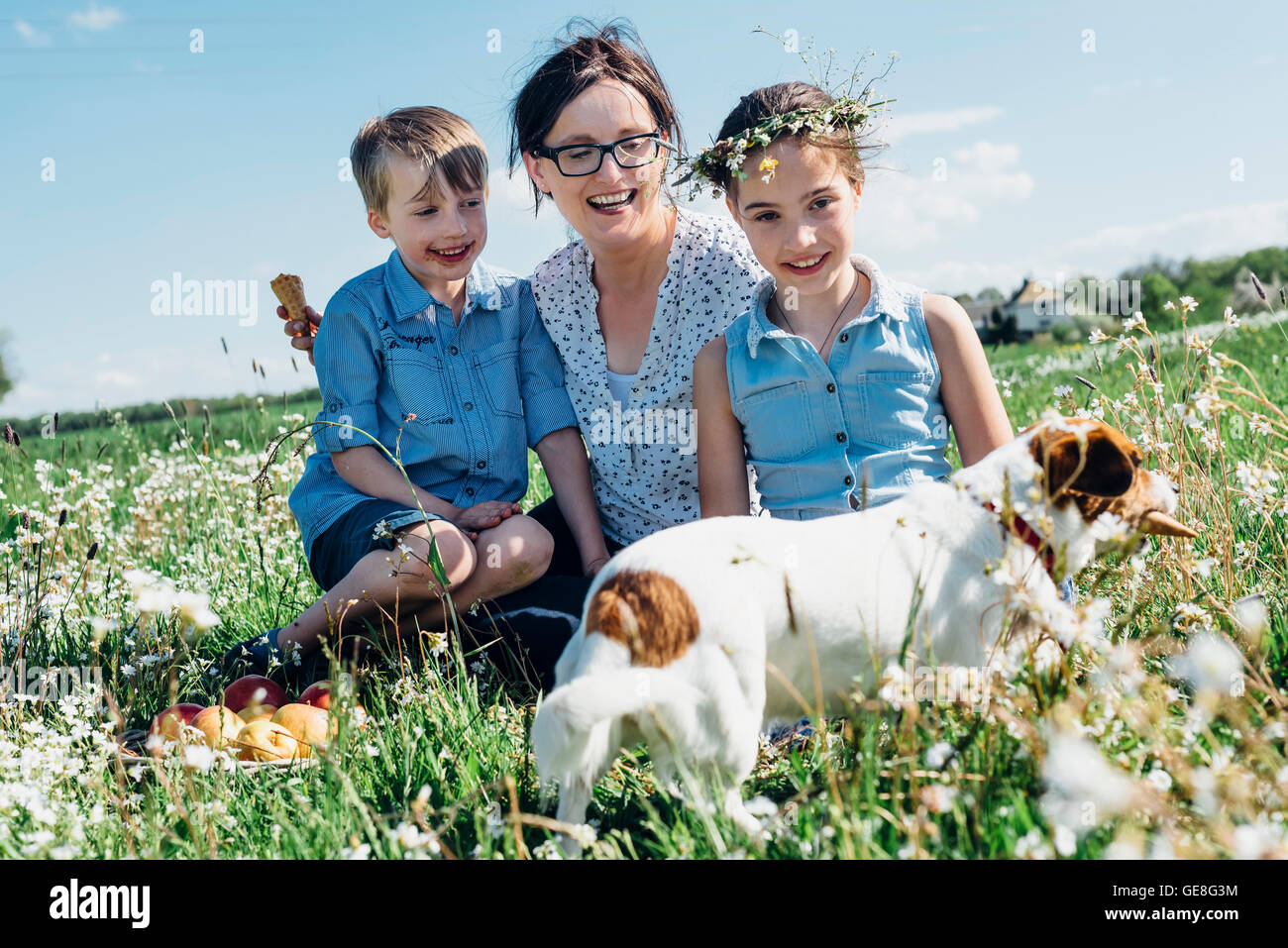 Happy mother and two children with dog in meadow Stock Photo - Alamy