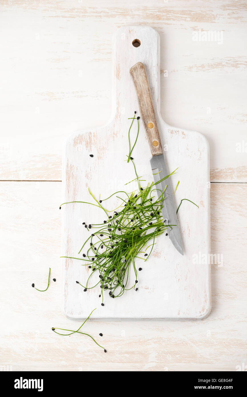 Rock Chives and knive on chopping board Stock Photo - Alamy