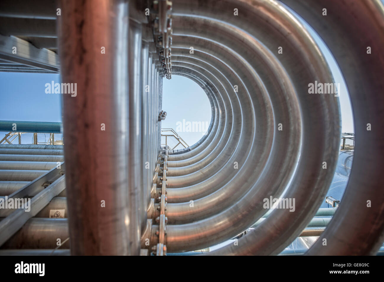 Pipework of stainless steel tanks for food industry Stock Photo - Alamy