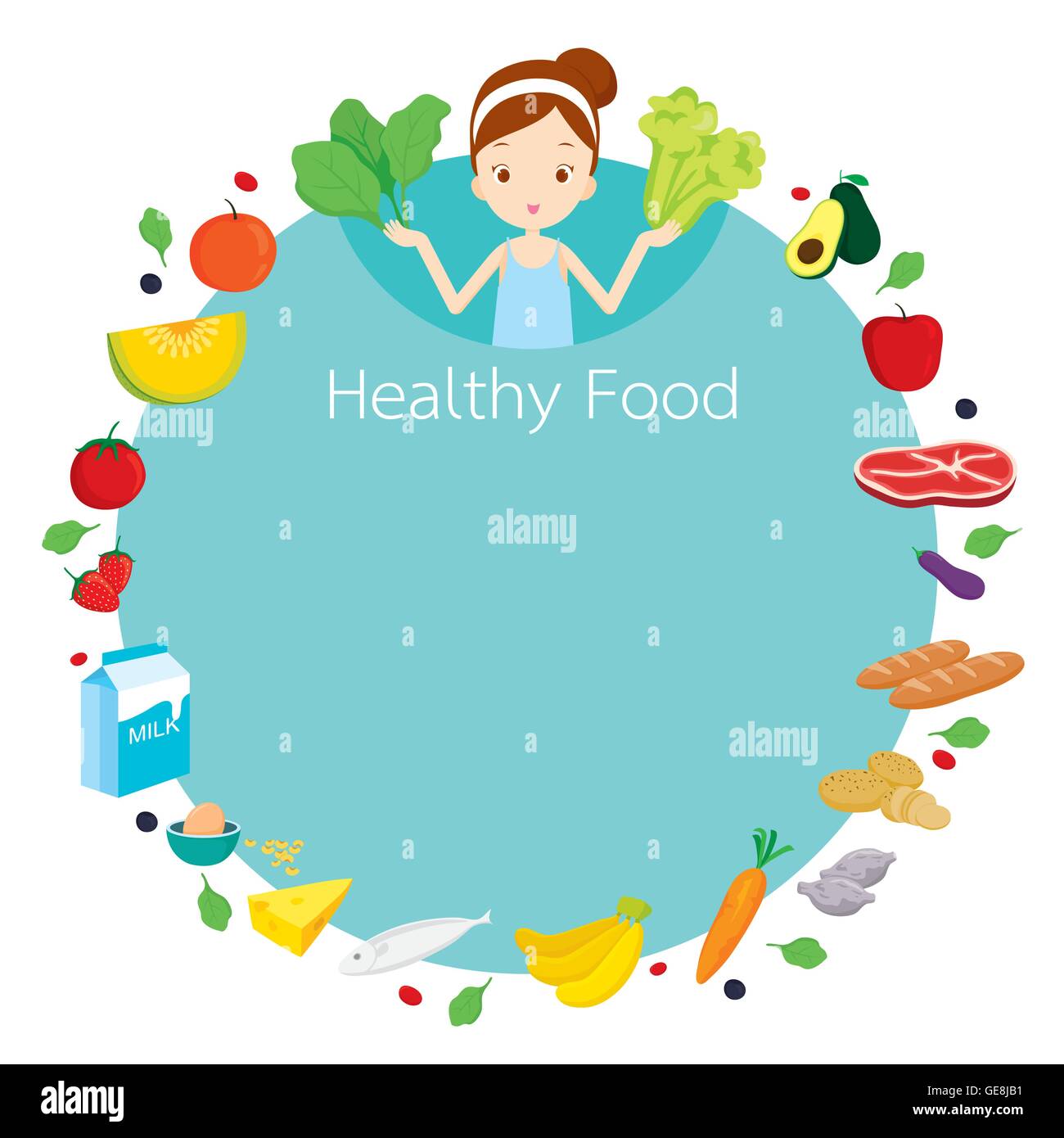 Cute girl and useful food object icons round frame, healthy, organic ...