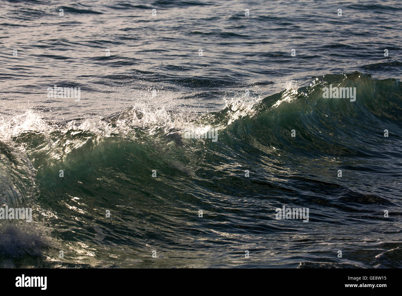 Light from a sunset catching the top of a breaking wave on Waikiki ...