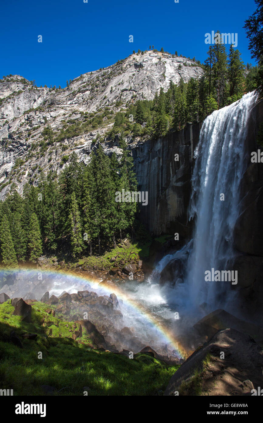 A rainbow caused by the spray at Vernon Falls, Yosemite National Park ...