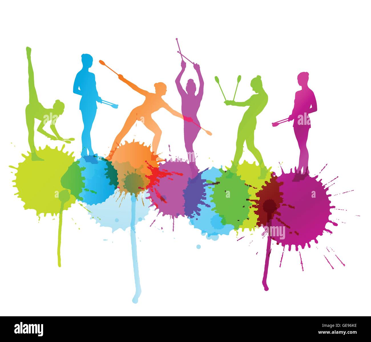 Rhythmic gymnastics woman with clubs vector background concept splashes ...