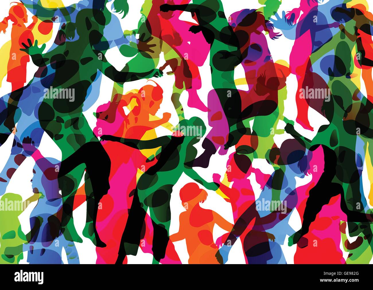 Wild colorful children jumping silhouettes with animal footprints in ...