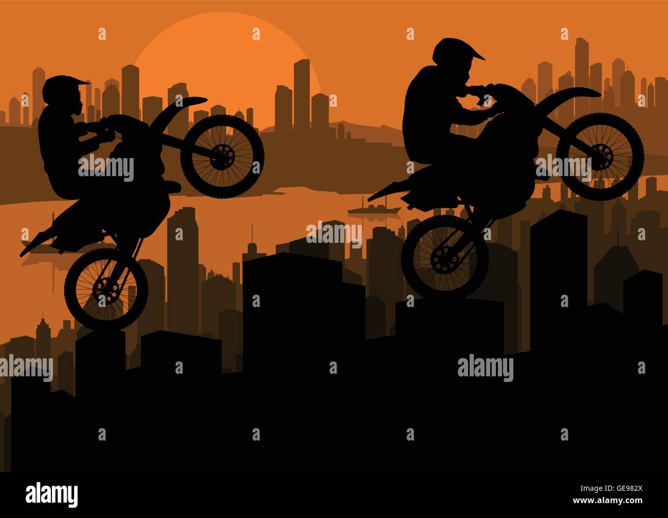 Motorbike trial sport riders in skyscraper city landscape background ...