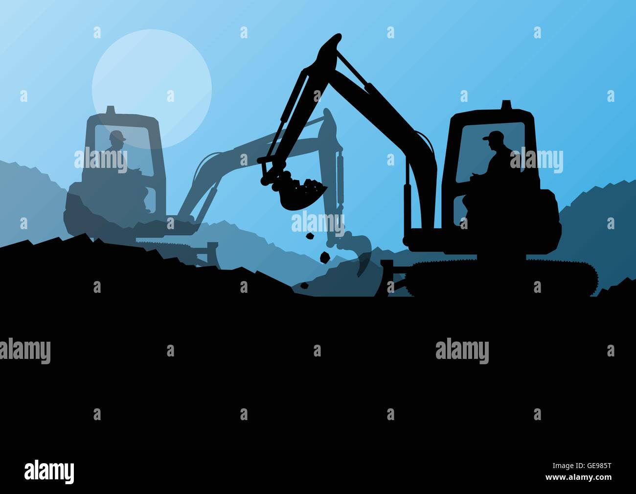Excavator loaders and workers digging at construction site with raised ...