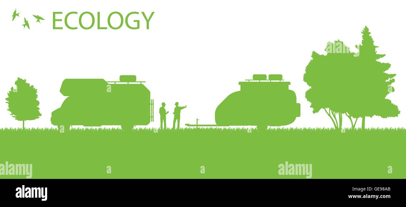 Ecology camping trailer green vector background card concept poster ...