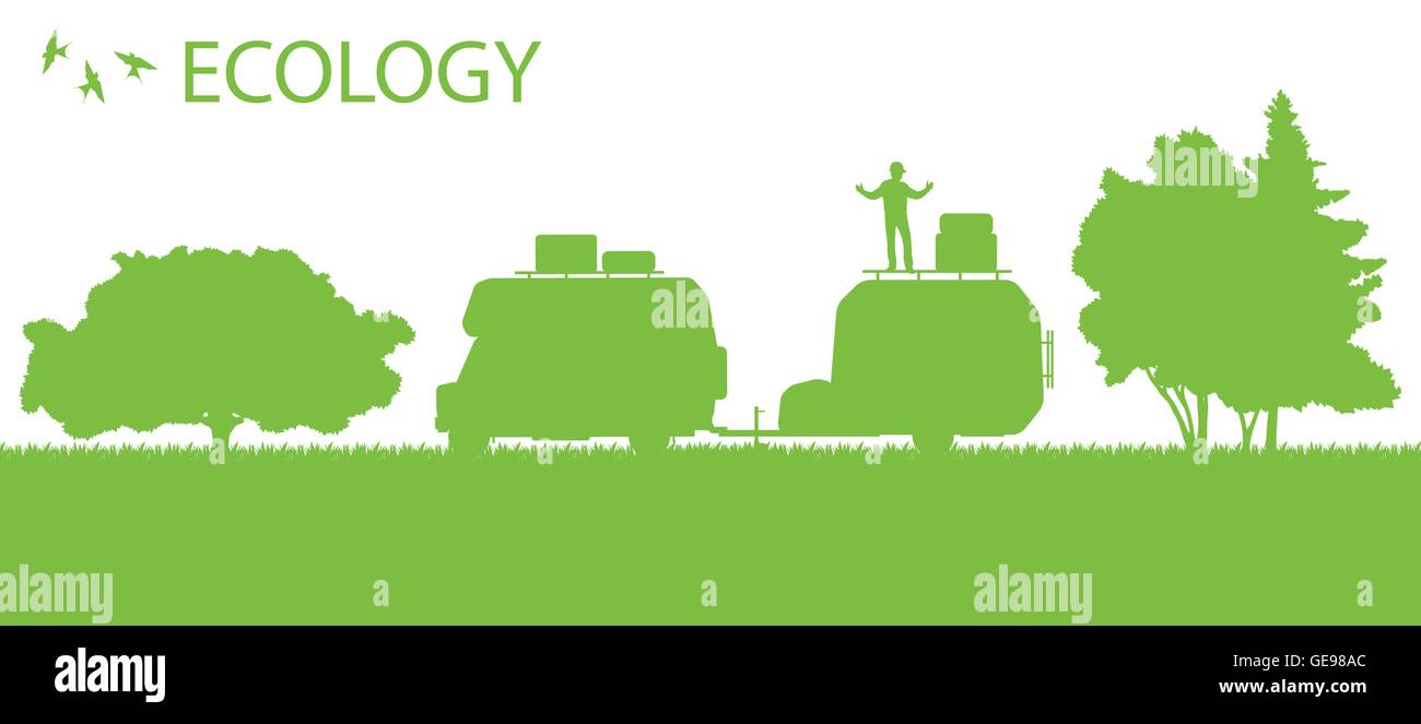 Ecology camping trailer green vector background card concept poster ...