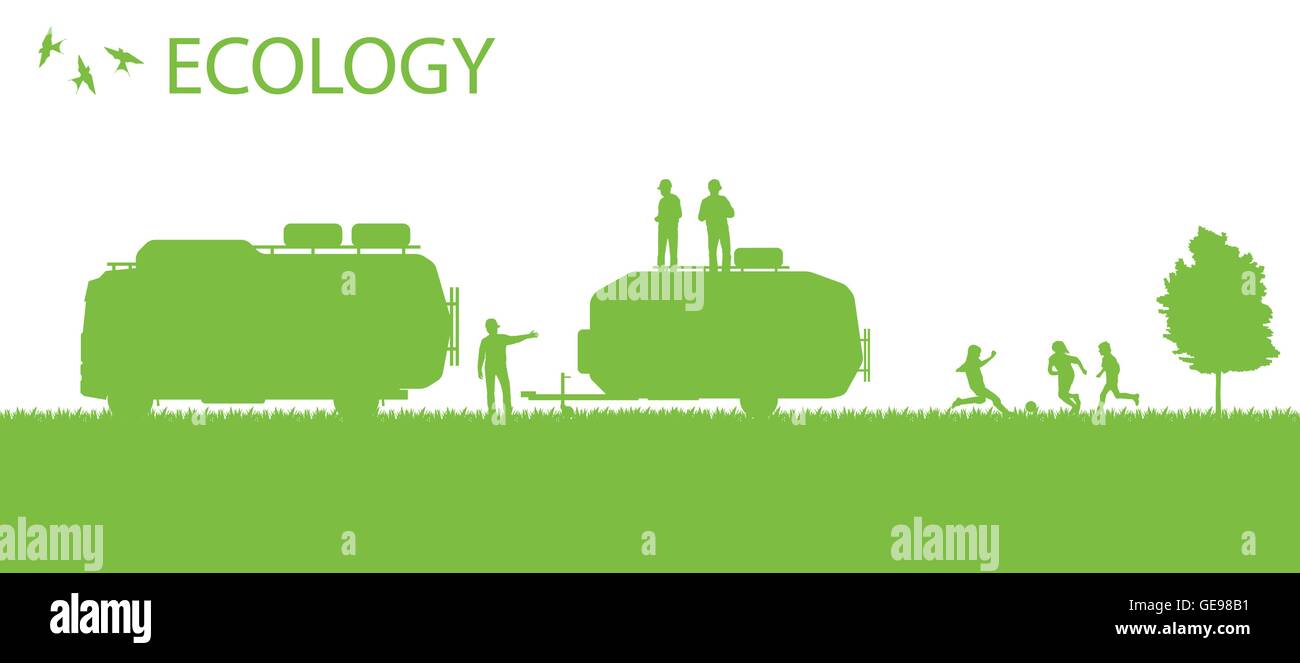 Ecology camping trailer green vector background card concept poster ...
