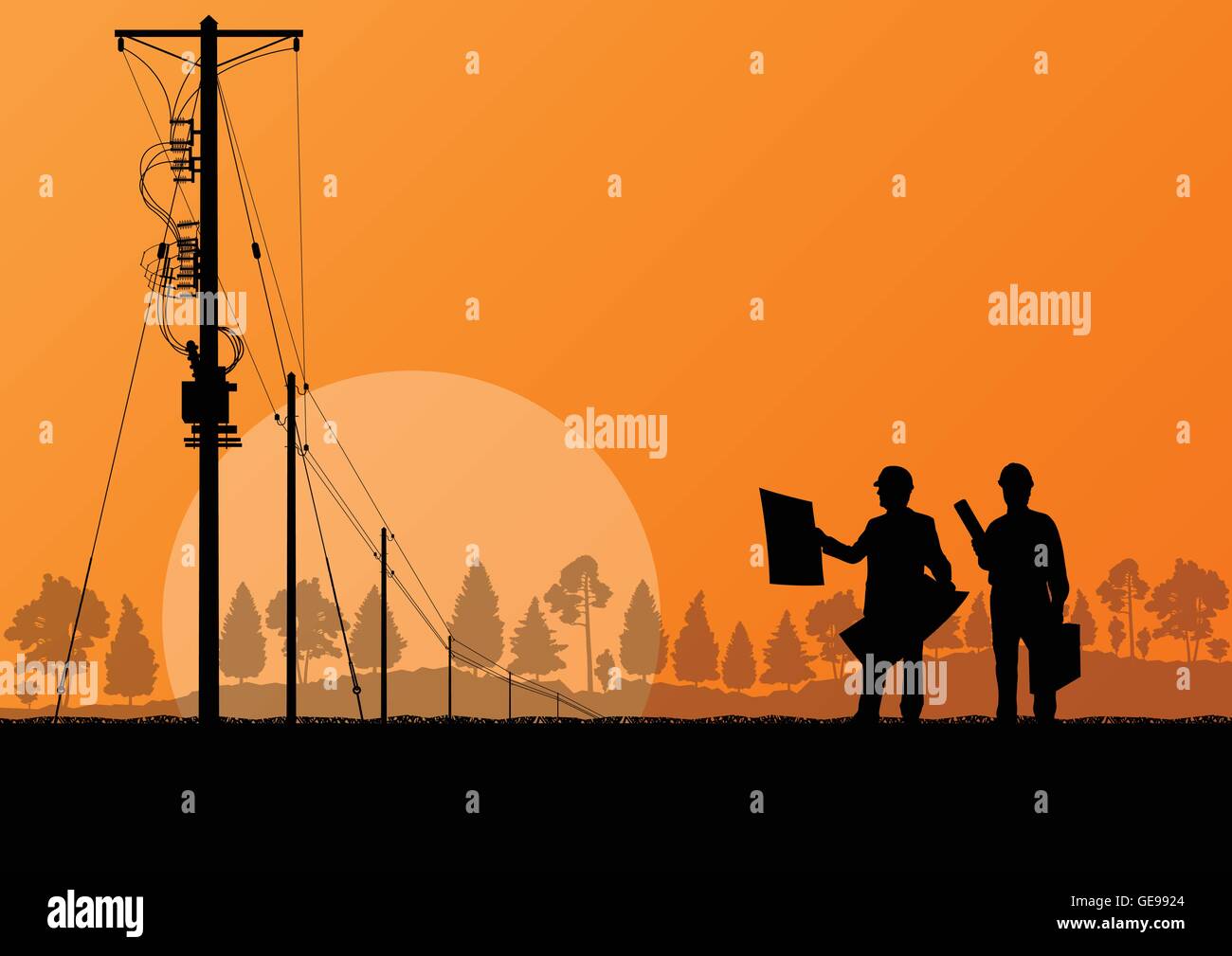 Power high voltage tower with engineer vector background for poster ...