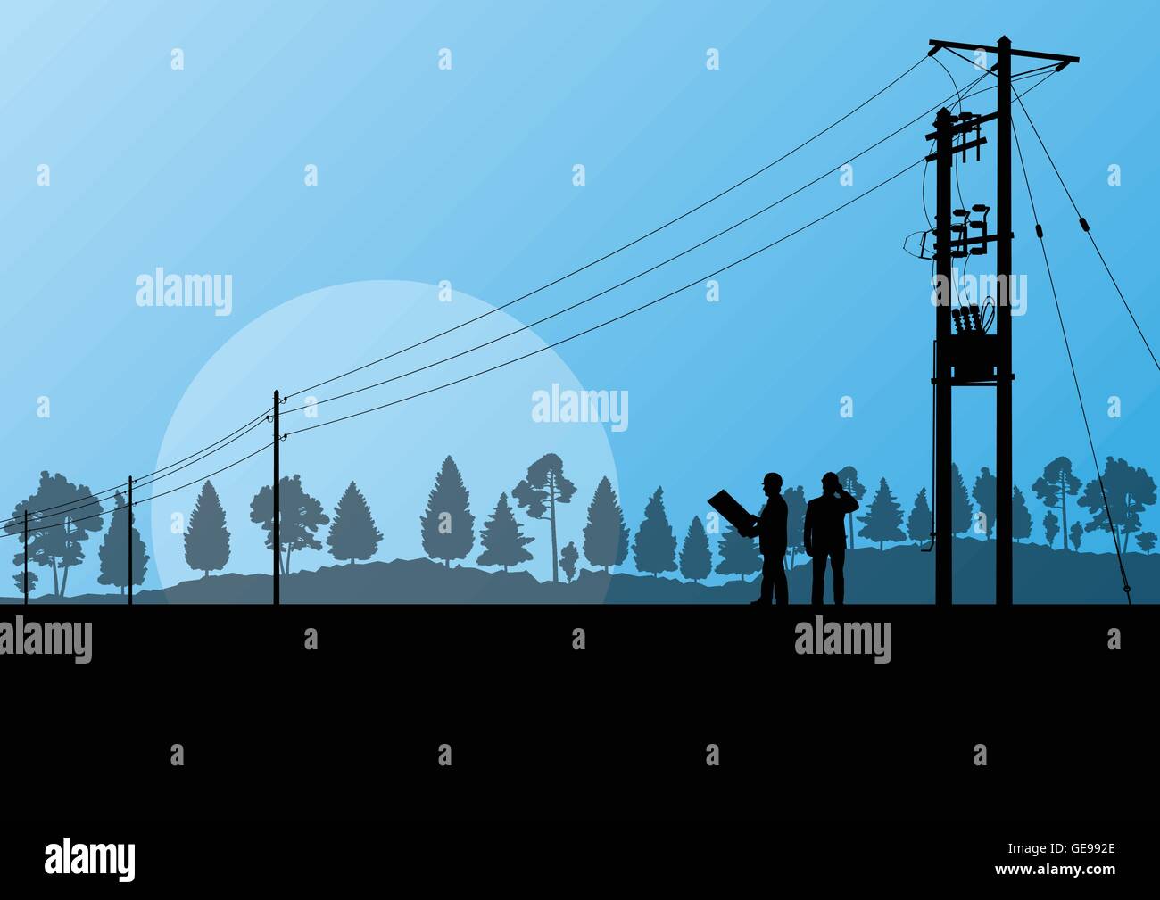 Power high voltage tower with engineer vector background for poster ...