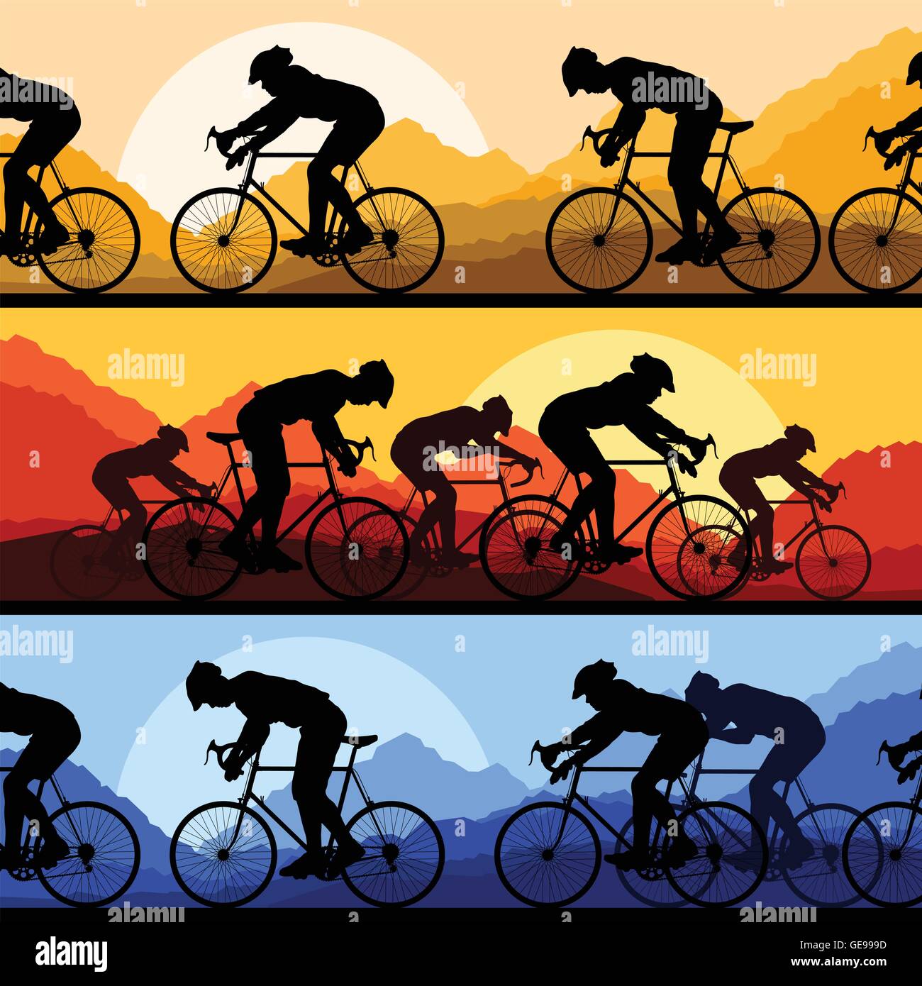 Sport road bike riders and bicycles detailed silhouettes collection in ...