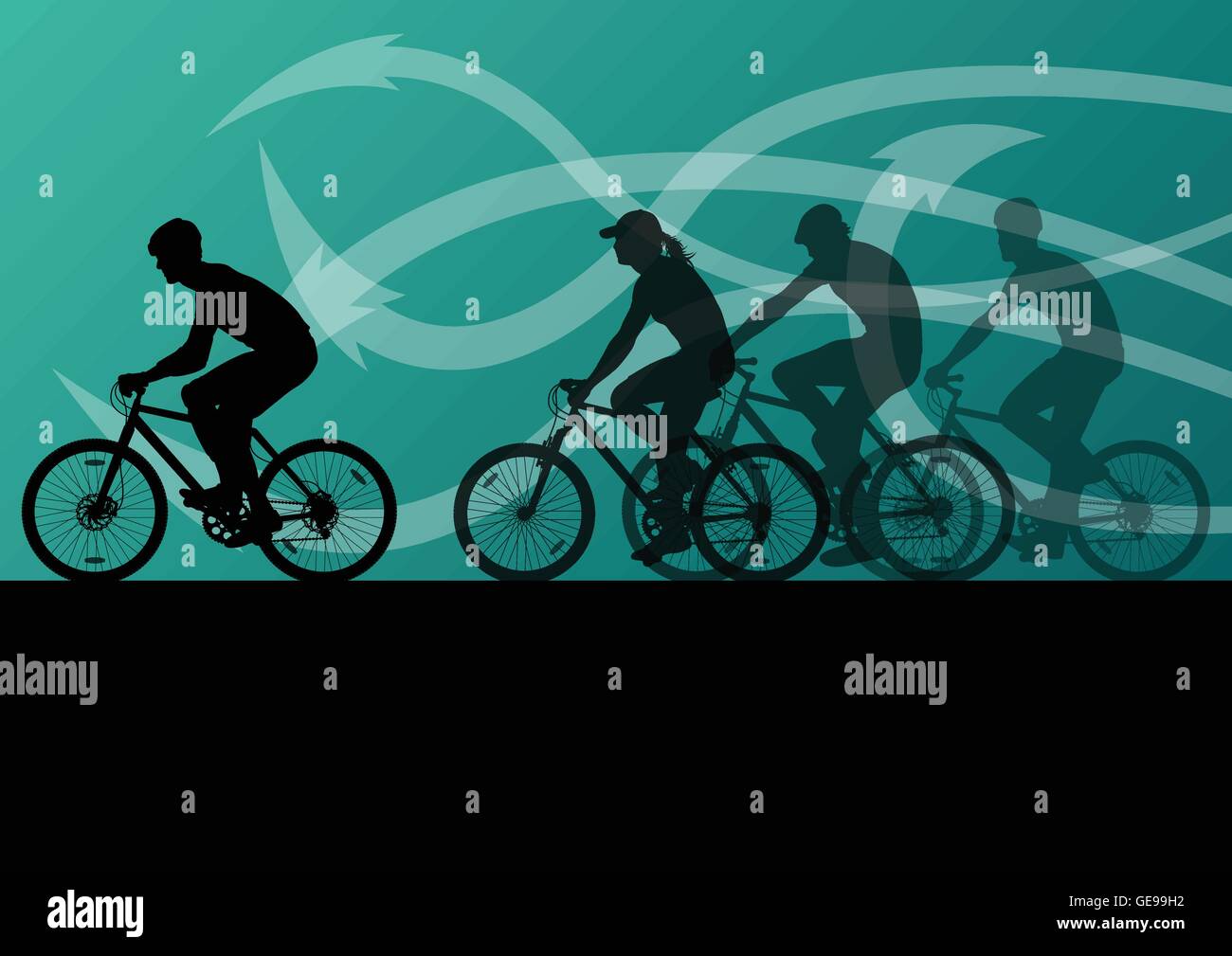 Active men cyclists bicycle riders in abstract arrow line landscape ...