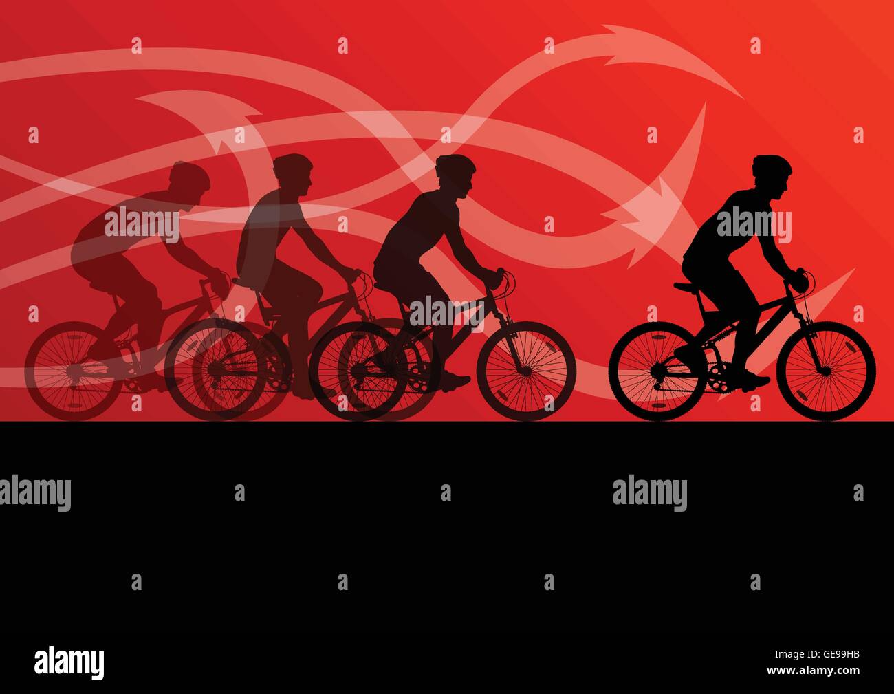 Active men cyclists bicycle riders in abstract arrow line landscape ...
