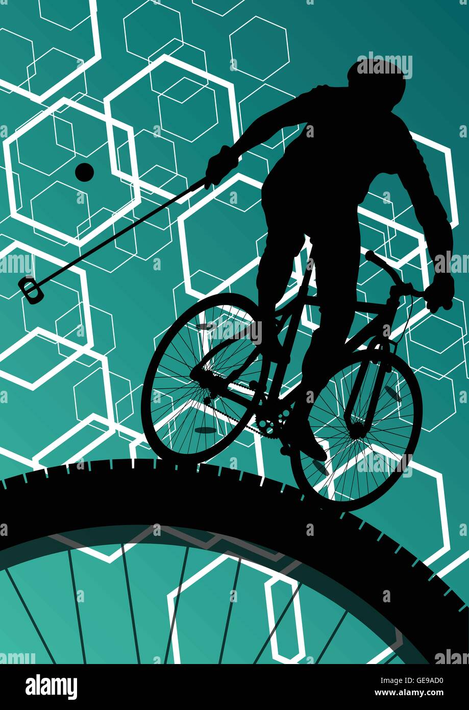 Cyclist active man bicycle rider in abstract sport landscape background ...