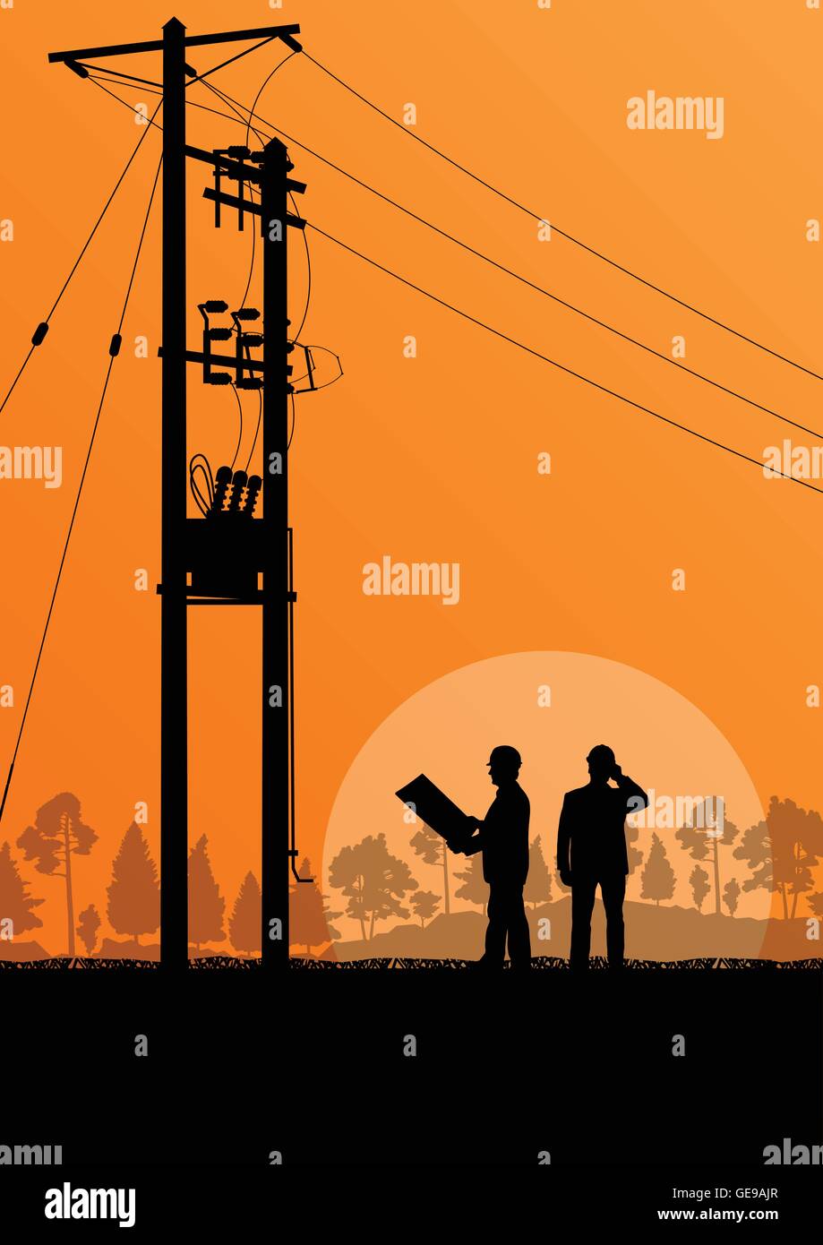 Power high voltage tower with engineer vector background for poster ...