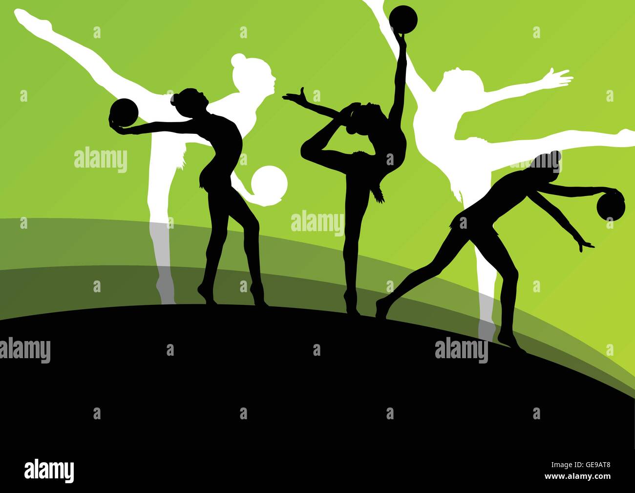 Active young girl gymnasts silhouettes in acrobatics ball abstract ...