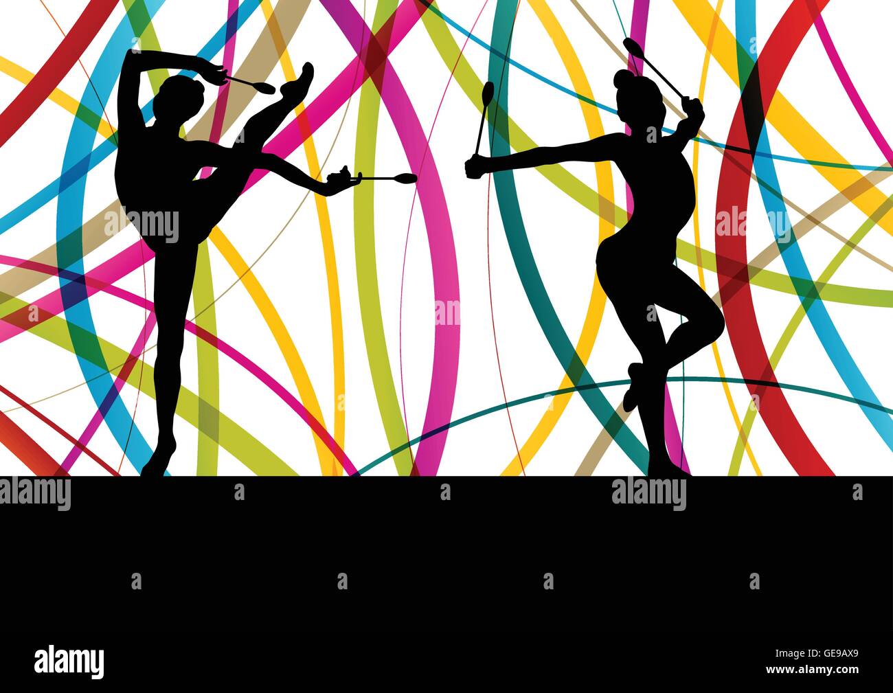 Female woman modern rhythmic gymnastics art with Indian clubs vector ...