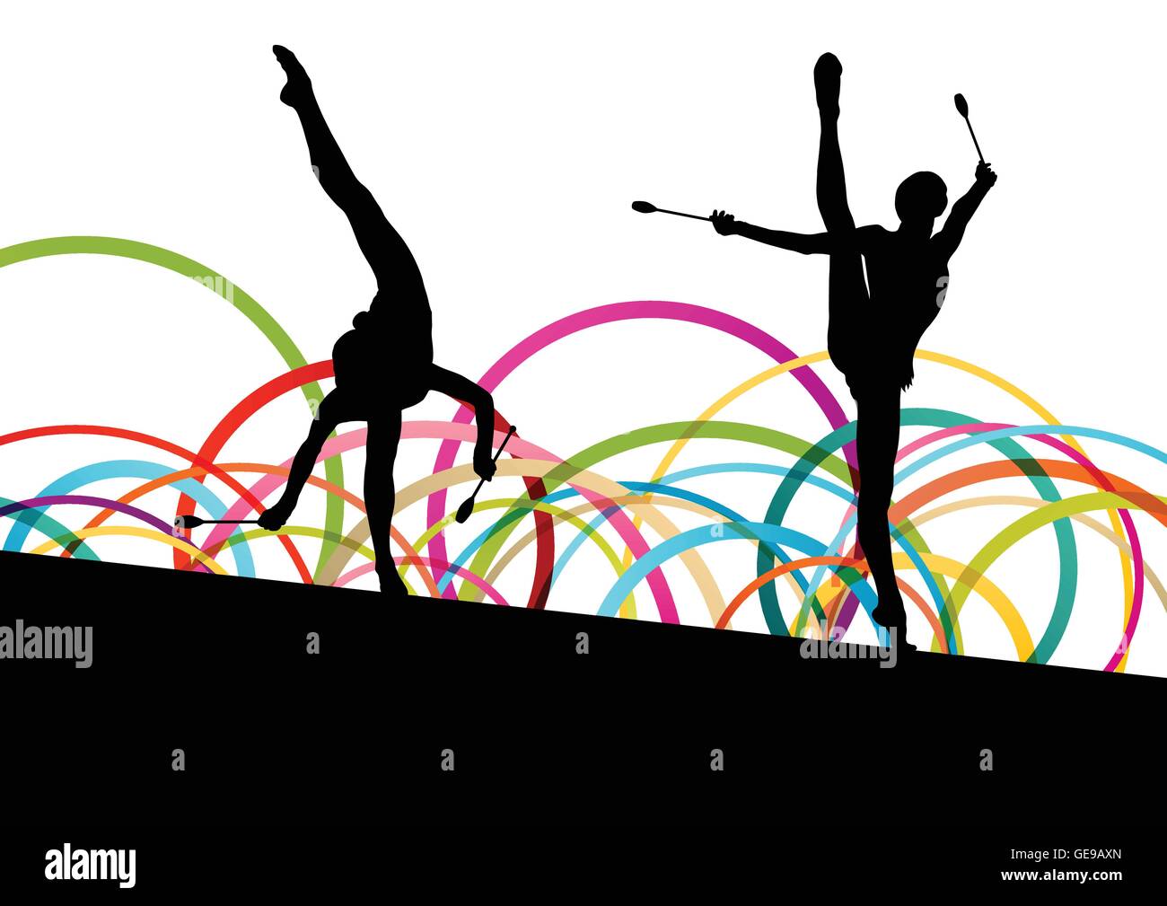 Female woman modern rhythmic gymnastics art with Indian clubs vector ...