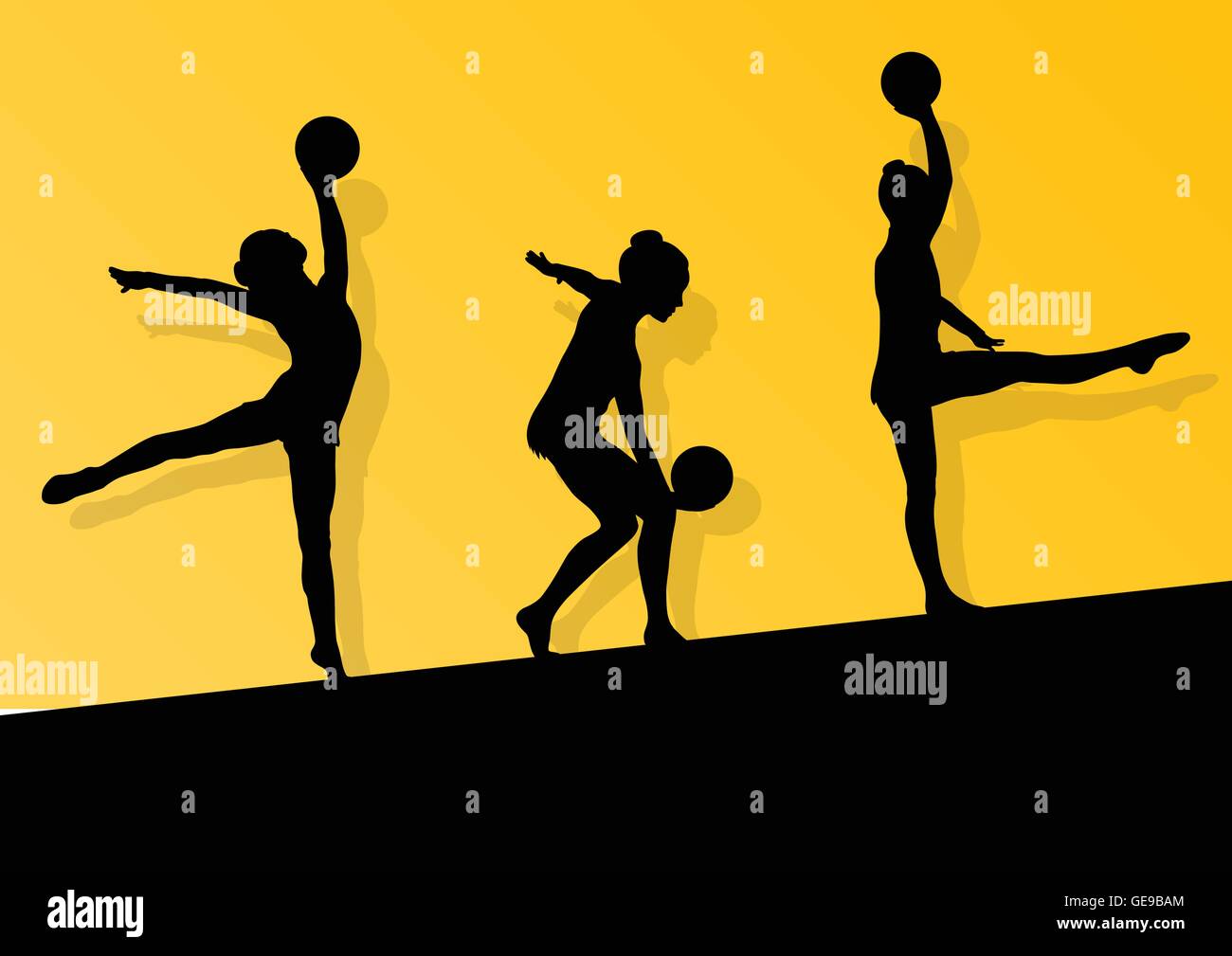 Active young girl gymnasts silhouettes in acrobatics ball abstract ...