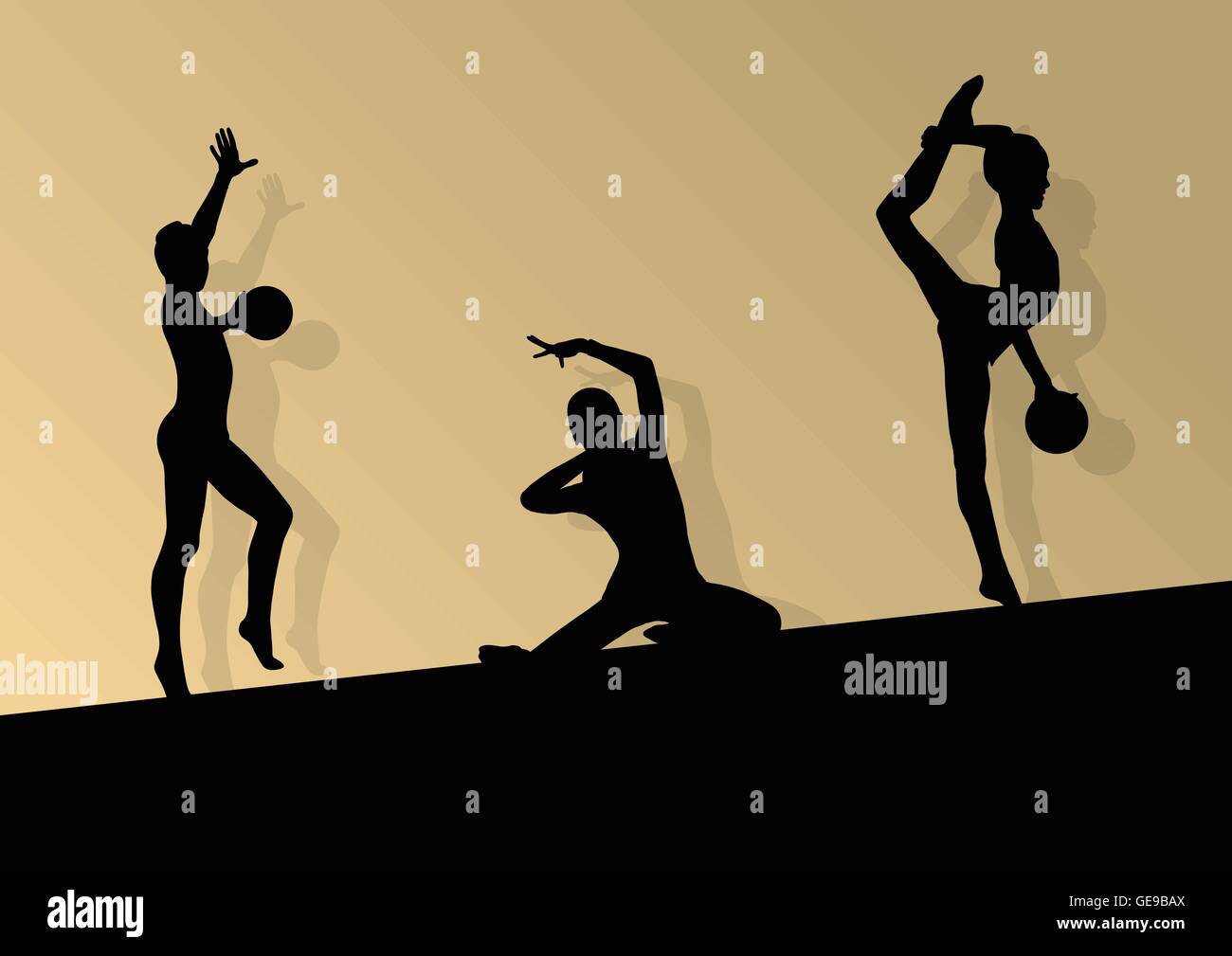 Active young girl gymnasts silhouettes in acrobatics ball abstract ...