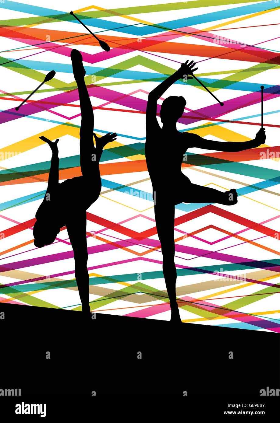 Female woman modern rhythmic gymnastics art with Indian clubs vector ...