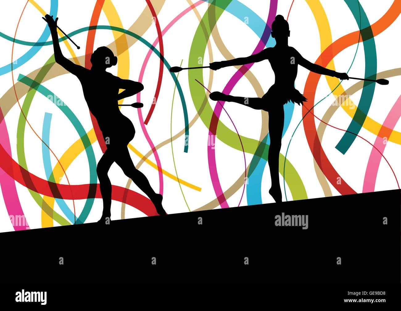 Female woman modern rhythmic gymnastics art with Indian clubs vector ...