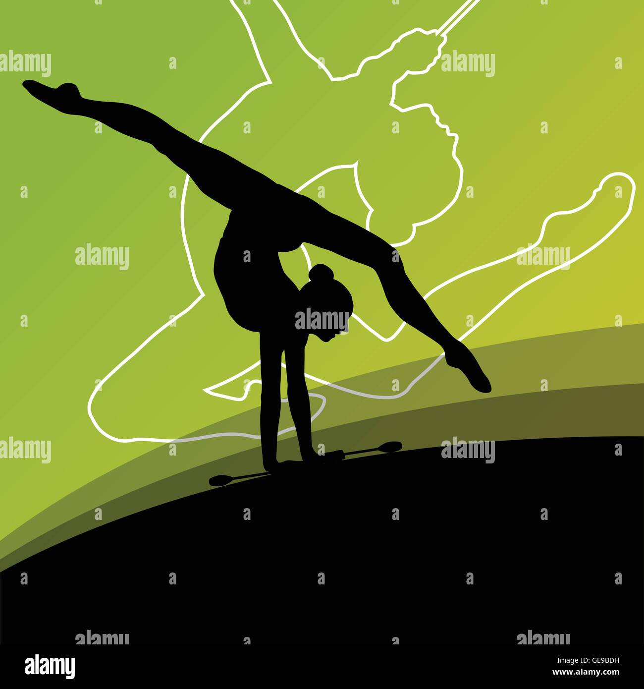 Active young women calisthenics sport gymnasts silhouettes with clubs ...